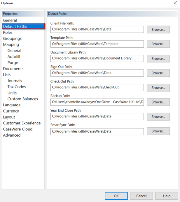How to set the default file paths for Caseware