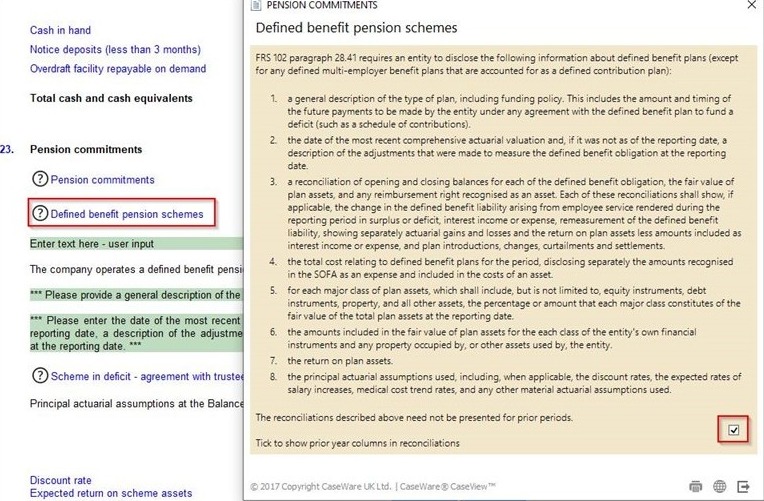 How do I show prior year columns in my Pension Commitments Note?