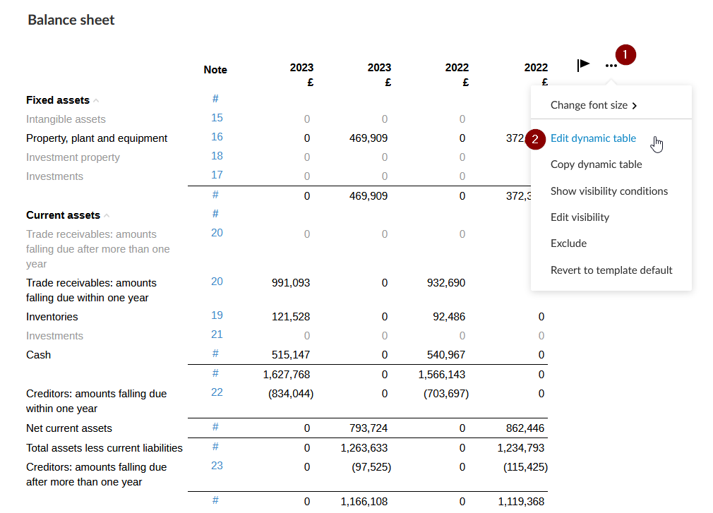 How to insert a row into a note or financial statement